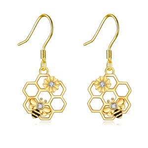 gold bee earrings gifts 14k gold honeycomb bee dangle earrings sunflower flower leverback earrings jewelry for women her wife