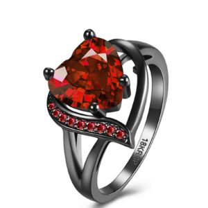 qobebota romantic size 8 black gold plated engagement rings red heart ruby ring promise rings for her gothic wedding ring birthday gifts statement ring for women