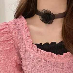 Todu Lace Flower Choker Necklace Bohemian Soft White Flower Tie Cravat Necklace Wedding Jewelry Gift For Women （1pc，Black）