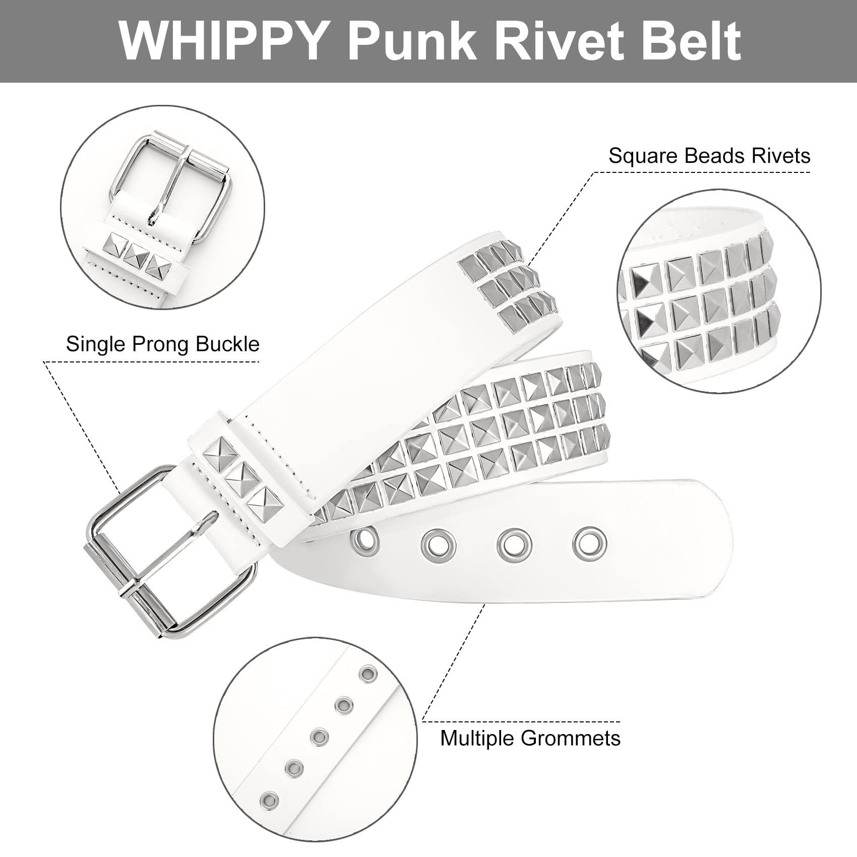 WHIPPY Women Men Rivet Studded Belt Row Pyramid Square Bead PU Faux Leather Punk Rock Grommet Belt for Jeans,White,M