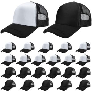 giegxin 24 pcs trucker hats bulk beach hats for men mesh back ball cap rugged classic baseball trucker hat for men and women (black, black and white,mesh style)