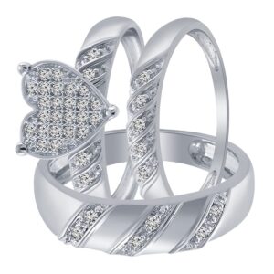 pretty jewels 0.23 carat (ctw) round white diamond heart frame men's & women's engagement trio set ring for his & her wedding, 925 sterling silver (h-i color, i1-i2 clarity) ladies 7 & mens 13