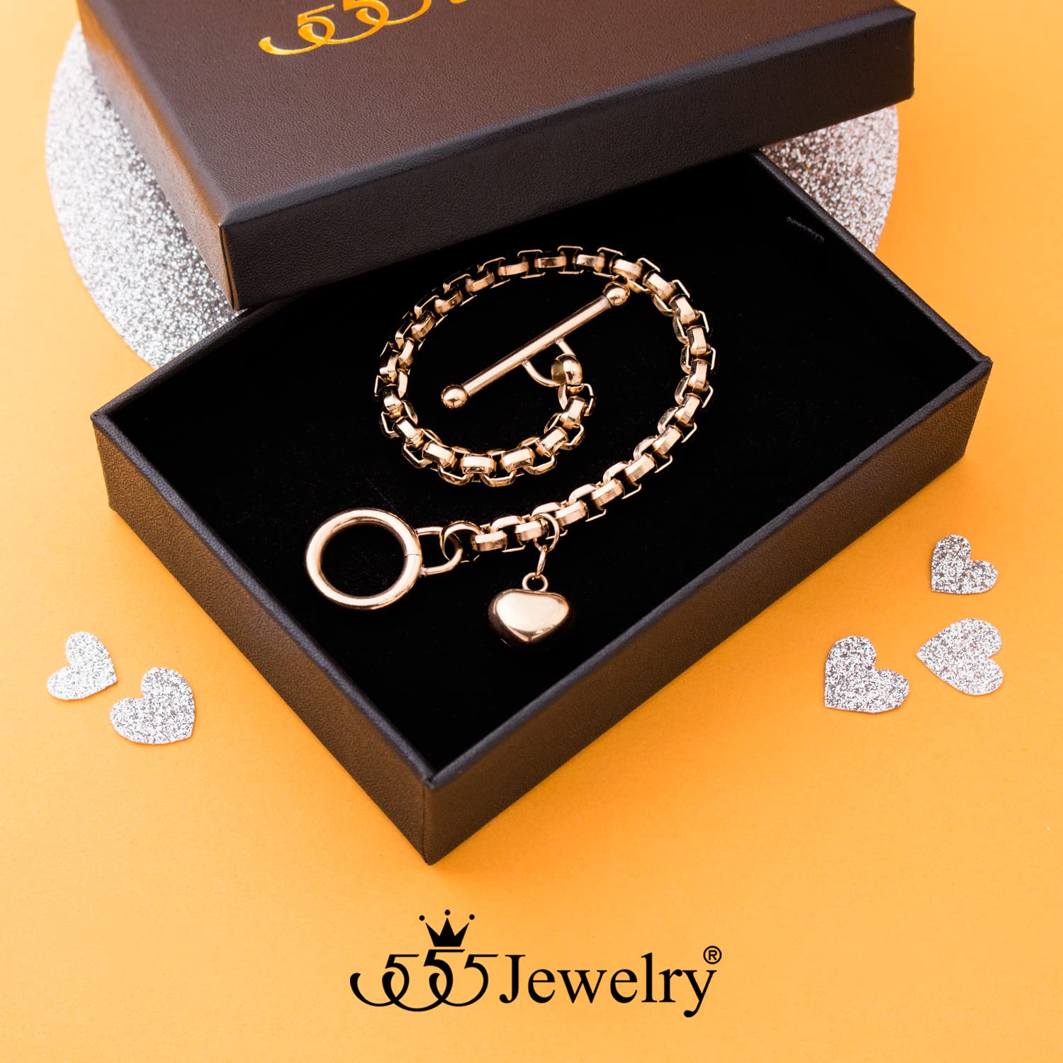 555Jewelry 5mm Stainless Steel Puffed Heart Charm Box Chain Bracelets for Women, T Toggle Clasp ‎Bracelets for Women, Heart Bracelets for Girls, Womens Heart Bracelets, 7 Inch, Rose Gold