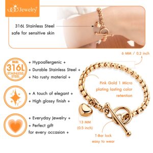 555Jewelry 5mm Stainless Steel Puffed Heart Charm Box Chain Bracelets for Women, T Toggle Clasp ‎Bracelets for Women, Heart Bracelets for Girls, Womens Heart Bracelets, 7 Inch, Rose Gold