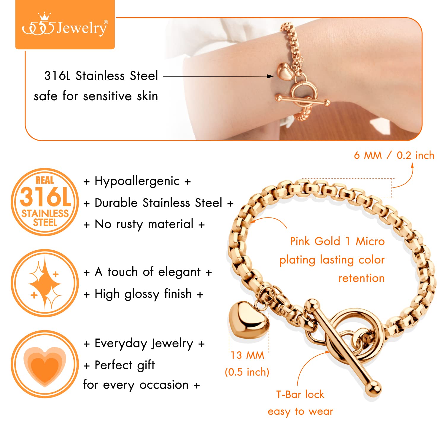 555Jewelry 5mm Stainless Steel Puffed Heart Charm Box Chain Bracelets for Women, T Toggle Clasp ‎Bracelets for Women, Heart Bracelets for Girls, Womens Heart Bracelets, 7 Inch, Rose Gold