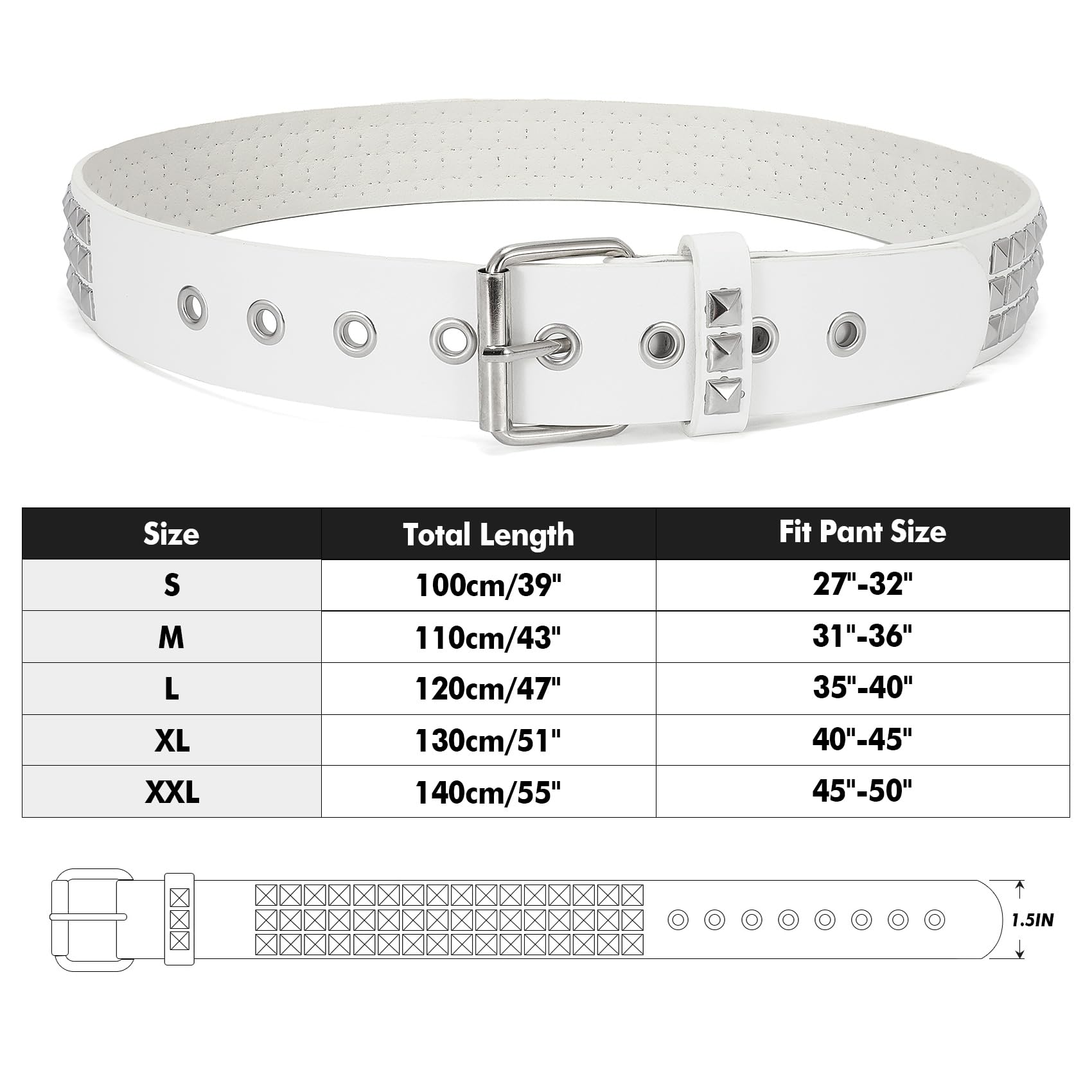 WHIPPY Women Men Rivet Studded Belt Row Pyramid Square Bead PU Faux Leather Punk Rock Grommet Belt for Jeans,White,M