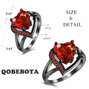 QOBEBOTA Romantic Size 8 Black Gold Plated Engagement Rings Red Heart Ruby Ring Promise Rings for Her Gothic Wedding Ring Birthday Gifts Statement Ring for Women