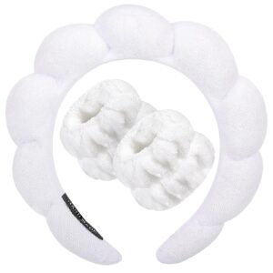 zkptops spa headband for washing face wristband set sponge makeup skincare headband terry cloth bubble soft get ready hairband for women girl puffy padded headwear non slip thick hair accessory(white)