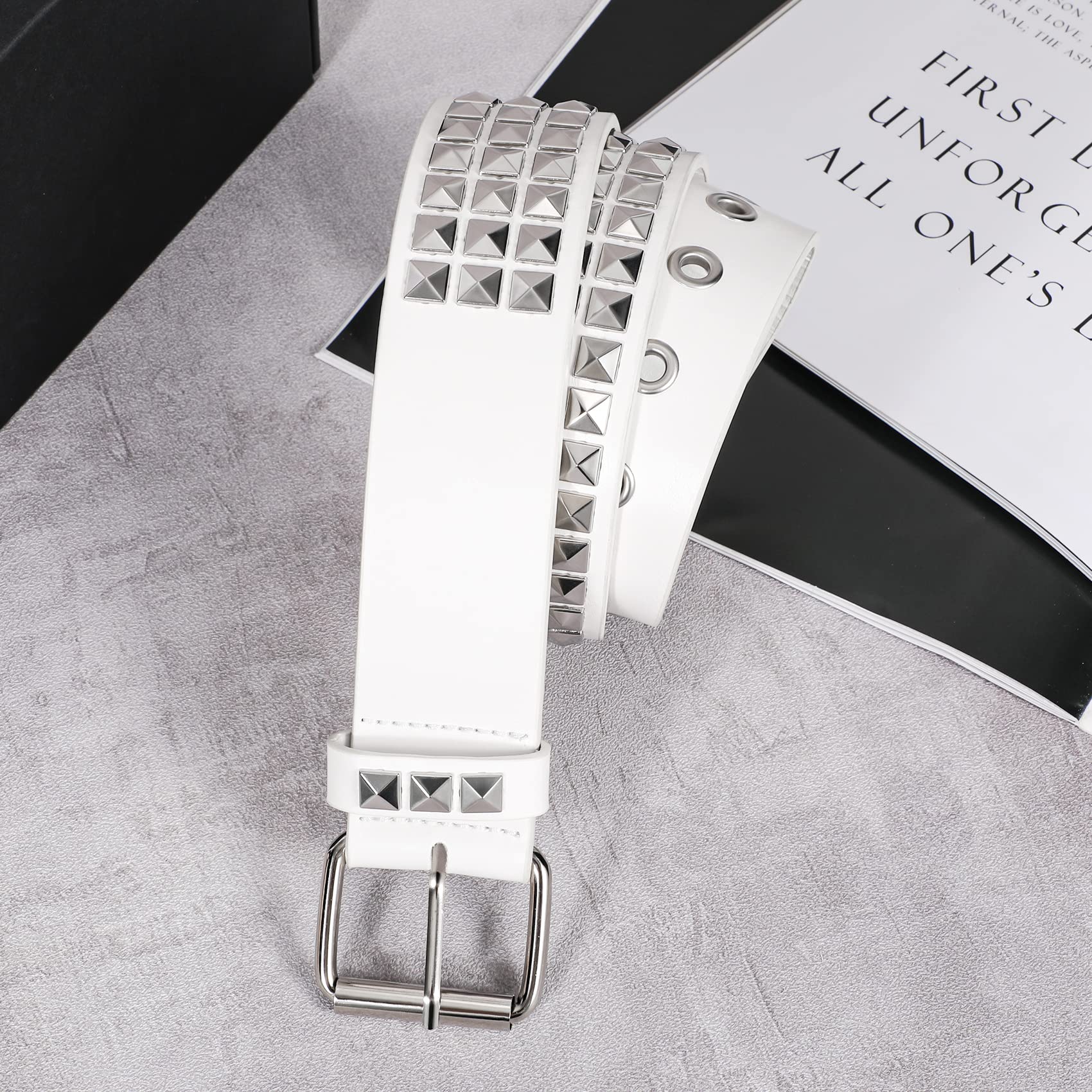 WHIPPY Women Men Rivet Studded Belt Row Pyramid Square Bead PU Faux Leather Punk Rock Grommet Belt for Jeans,White,M