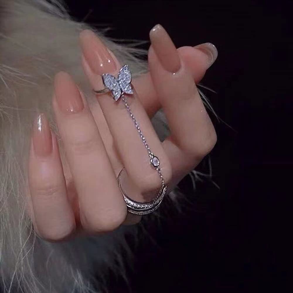 Xerling Delicate Butterfly Statement Rings for Women Bling Crystal Rhinestones Finger Ring for Teen Girls with Chain Tassel Finger Tip Rings Aesthetic Nail Rings (Type B)