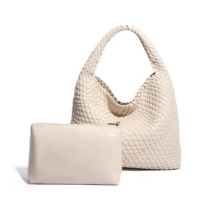 leather weave purses for women fashion shoulder hobo bags woven tote handbag top handle bucket bags (creamy-white)