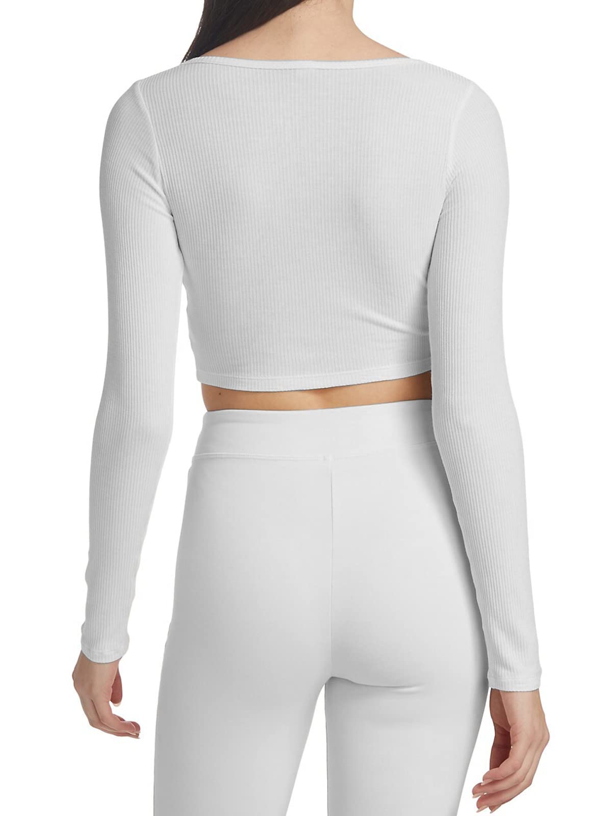 Santch Cropped Long Sleeve Workout Yoga Tops Ribbed Athletic Sport Shirt Tennis Tops Gym Tops for Women White M