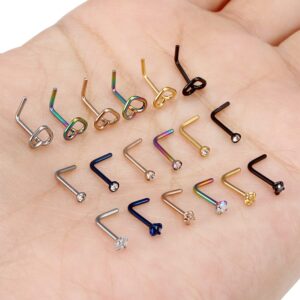 Yaalozei 20g Nose Rings studs for Women L Shape Cute Nose rings Surgical Stainless Steel Bend Curved Nose Ring Stud Diamond Heart Opal Nostril Nose Piercing Jewelry Men Silver Rose Gold Black Rainbow