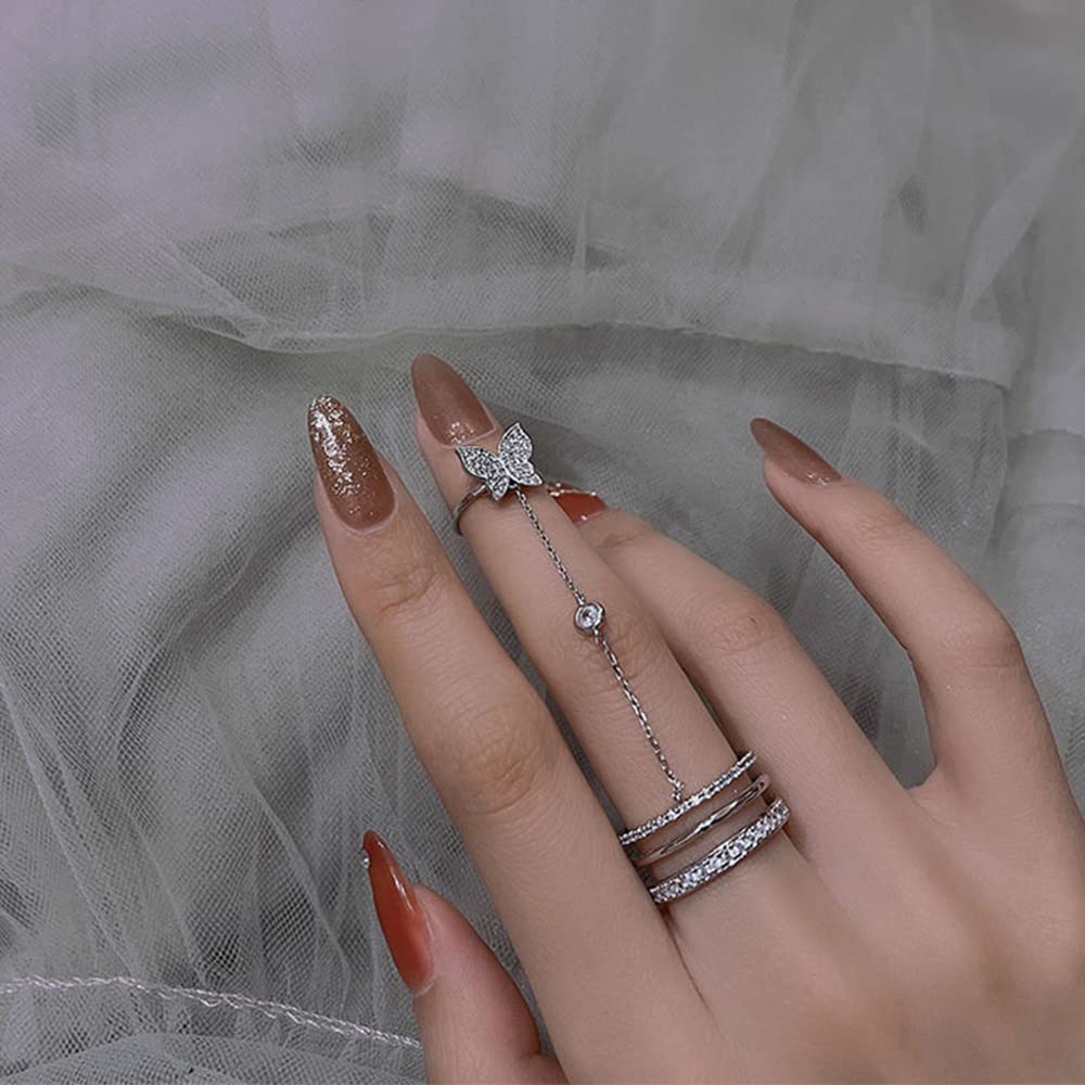 Xerling Delicate Butterfly Statement Rings for Women Bling Crystal Rhinestones Finger Ring for Teen Girls with Chain Tassel Finger Tip Rings Aesthetic Nail Rings (Type B)