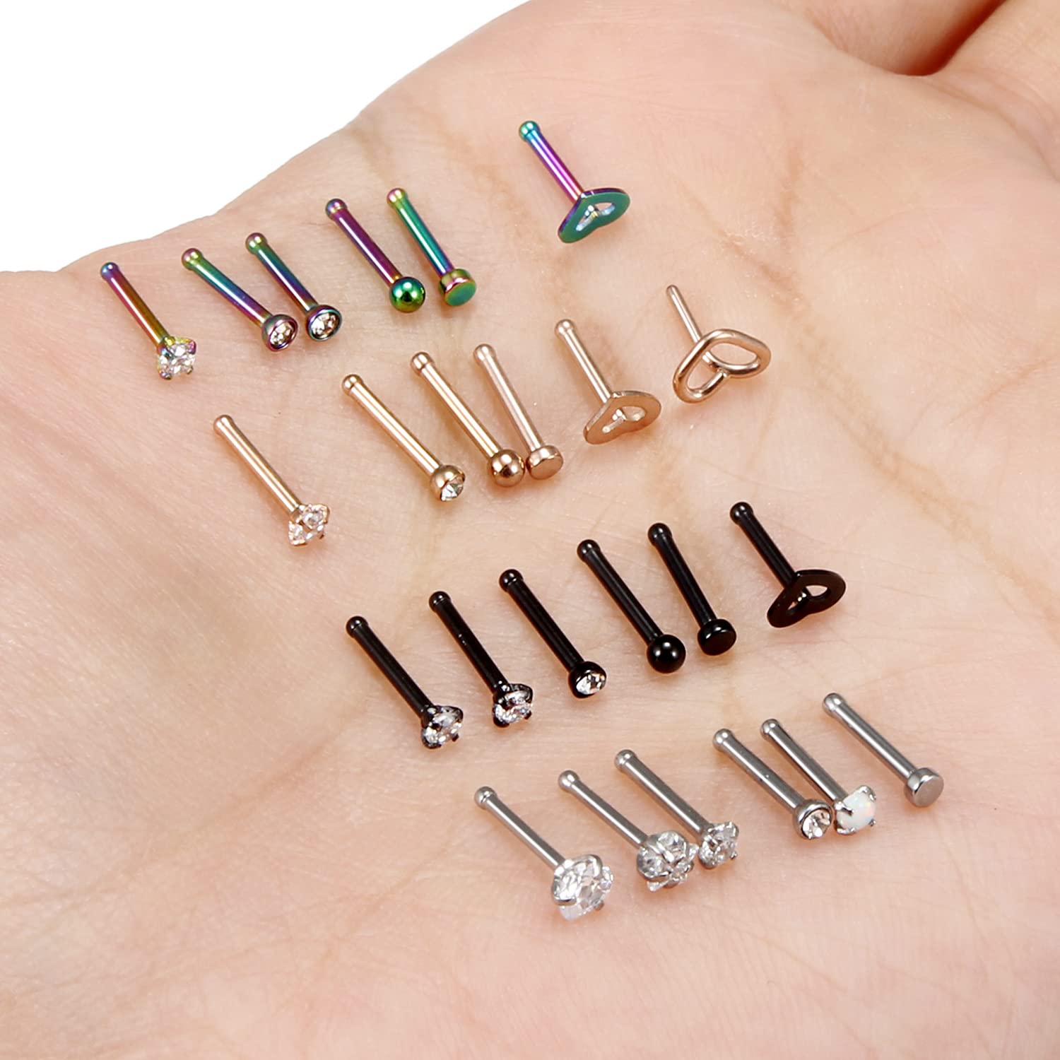 Yaalozei 18g Nose Rings studs for Women Straight Nose ring Surgical Stainless Steel Nose Rings Bar Earrings Pin Bone Stud Diamond Opal Nostril Nose Piercing Jewelry Men Silver Rose Gold Black Rainbow