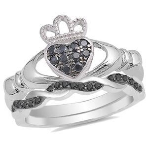 cz bridal wedding engagement ring set simulated black diamond sterling silver (9)