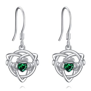 vonala claddagh earrings with emerald crystal 925 sterling silver irish celtic knot heart dangle dangling drop charm earrings valentines day jewelry gifts for women