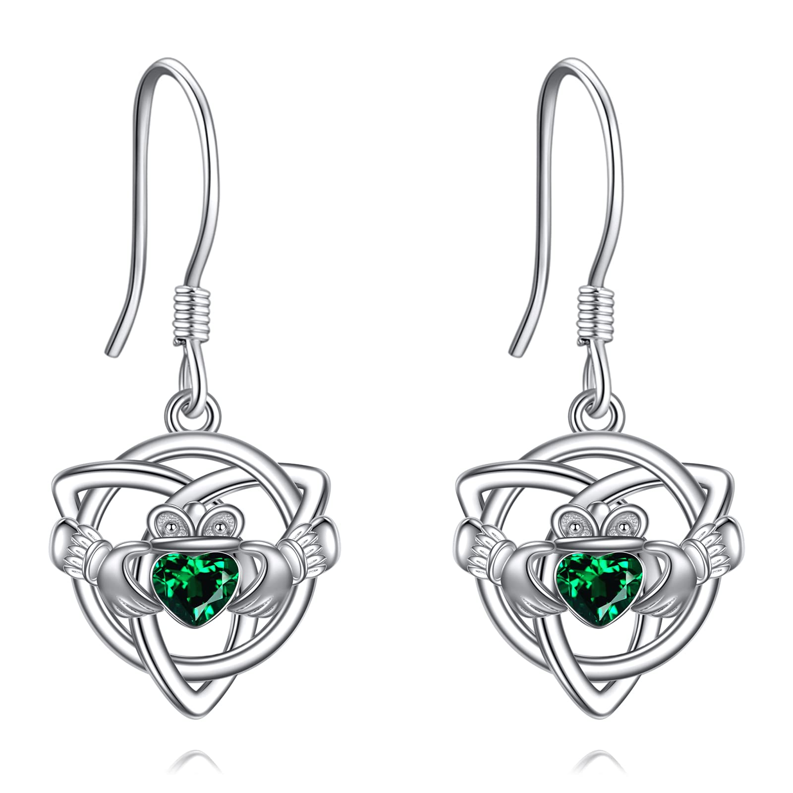 VONALA Claddagh Earrings with Emerald Crystal 925 Sterling Silver Irish Celtic Knot Heart Dangle Dangling Drop Charm Earrings Valentines Day Jewelry Gifts for Women