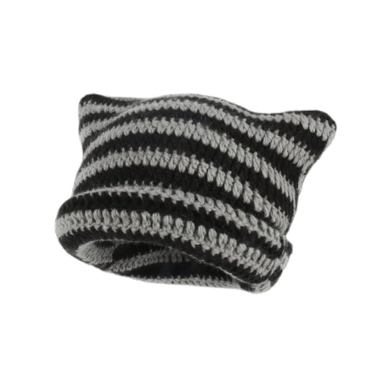 Women Harajuku Knitted Crochet Hats Striped Cat Beanie Grunge Accessories Slouchy Beanies for Women Black