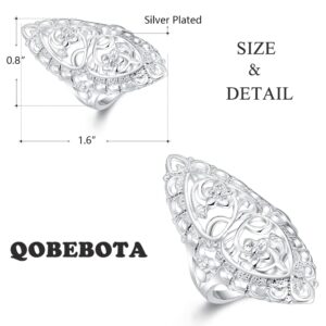 QOBEBOTA Elegant Size 9 Sterling Silver Plated Statement Rings Hollow Carved Flower Full Finger Ring Wide Band Birthday Gifts Chunky Silver Thumb Rings Cocktail Rings for Women