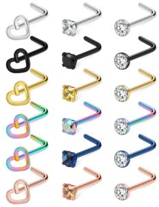 yaalozei 20g nose rings studs for women l shape cute nose rings surgical stainless steel bend curved nose ring stud diamond heart opal nostril nose piercing jewelry men silver rose gold black rainbow