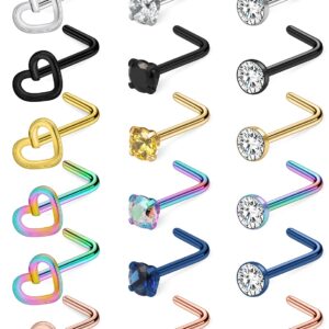 Yaalozei 20g Nose Rings studs for Women L Shape Cute Nose rings Surgical Stainless Steel Bend Curved Nose Ring Stud Diamond Heart Opal Nostril Nose Piercing Jewelry Men Silver Rose Gold Black Rainbow