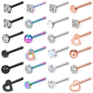 yaalozei 18g nose rings studs for women straight nose ring surgical stainless steel nose rings bar earrings pin bone stud diamond opal nostril nose piercing jewelry men silver rose gold black rainbow