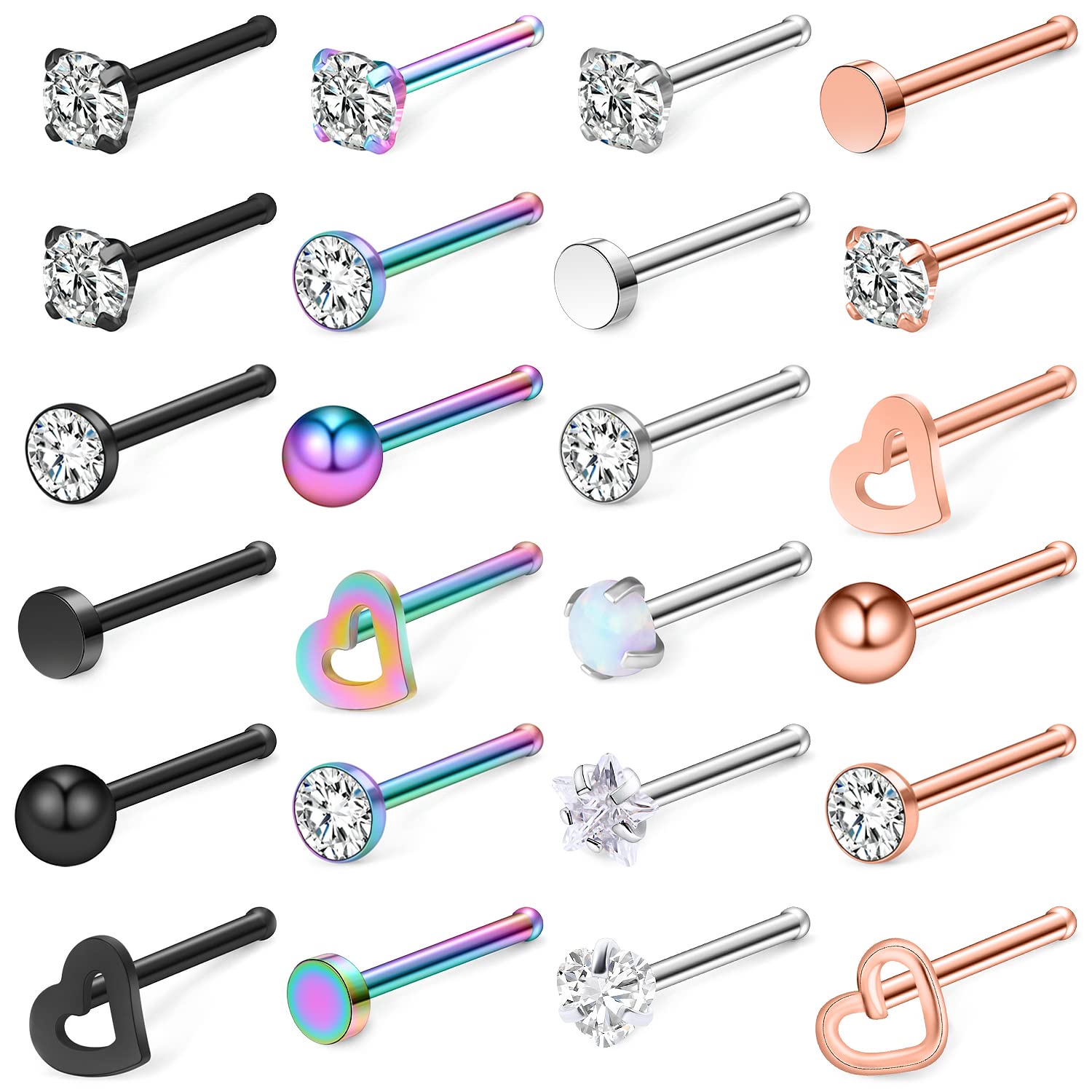 Yaalozei 18g Nose Rings studs for Women Straight Nose ring Surgical Stainless Steel Nose Rings Bar Earrings Pin Bone Stud Diamond Opal Nostril Nose Piercing Jewelry Men Silver Rose Gold Black Rainbow