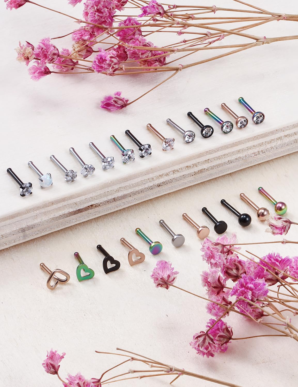 Yaalozei 18g Nose Rings studs for Women Straight Nose ring Surgical Stainless Steel Nose Rings Bar Earrings Pin Bone Stud Diamond Opal Nostril Nose Piercing Jewelry Men Silver Rose Gold Black Rainbow