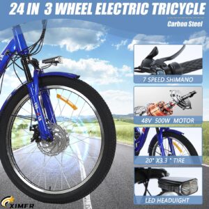 XIMFR 3 Wheel Electric Bicycle 24 Inches Tricycle Bikes Trikes for Adults with Fixed Basket to Use for Shopping Trips（Motor:350W Removable Lithium Battery:48V 13Ah）