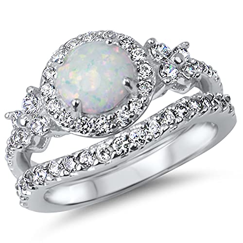 LaRaso & Co His Hers TRIO Wedding Set Titanium Band Sterling Silver White Opal Bridal Engagement Ring Set Him Her 9/6