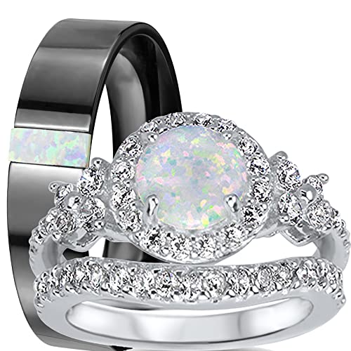 LaRaso & Co His Hers TRIO Wedding Set Titanium Band Sterling Silver White Opal Bridal Engagement Ring Set Him Her 9/6