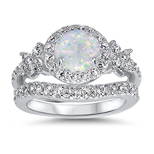 LaRaso & Co His Hers TRIO Wedding Set Titanium Band Sterling Silver White Opal Bridal Engagement Ring Set Him Her 9/6