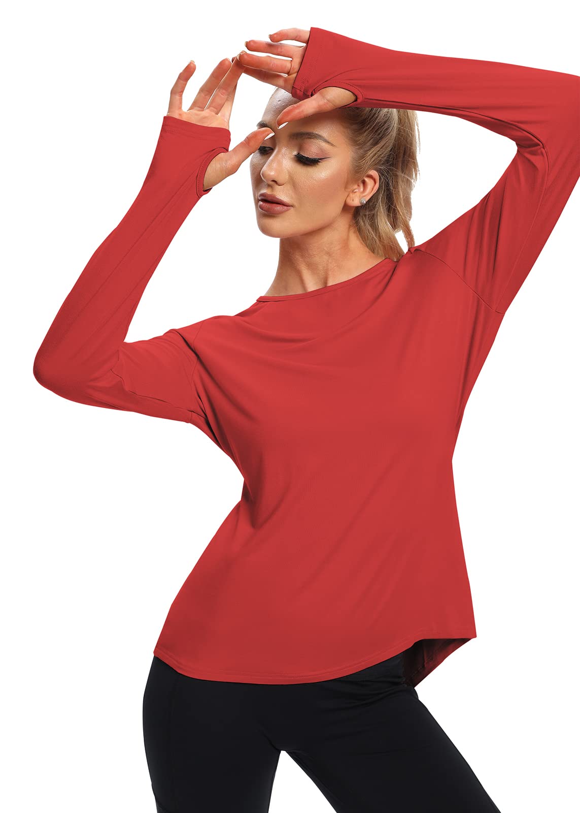 Mippo Open Back Workout Tops Long Sleeve Yoga Gym Athletic Active Wear Shirts Backless Seaters Thumb Hole Tshirts Work Out Clothes for Women Loose Fit Red S