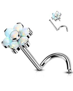 oufer 20g nose studs, flower designed white opal paved push-in nose rings, g23 solid titanium nose screw studs, nostril piercing jewelry for women and men