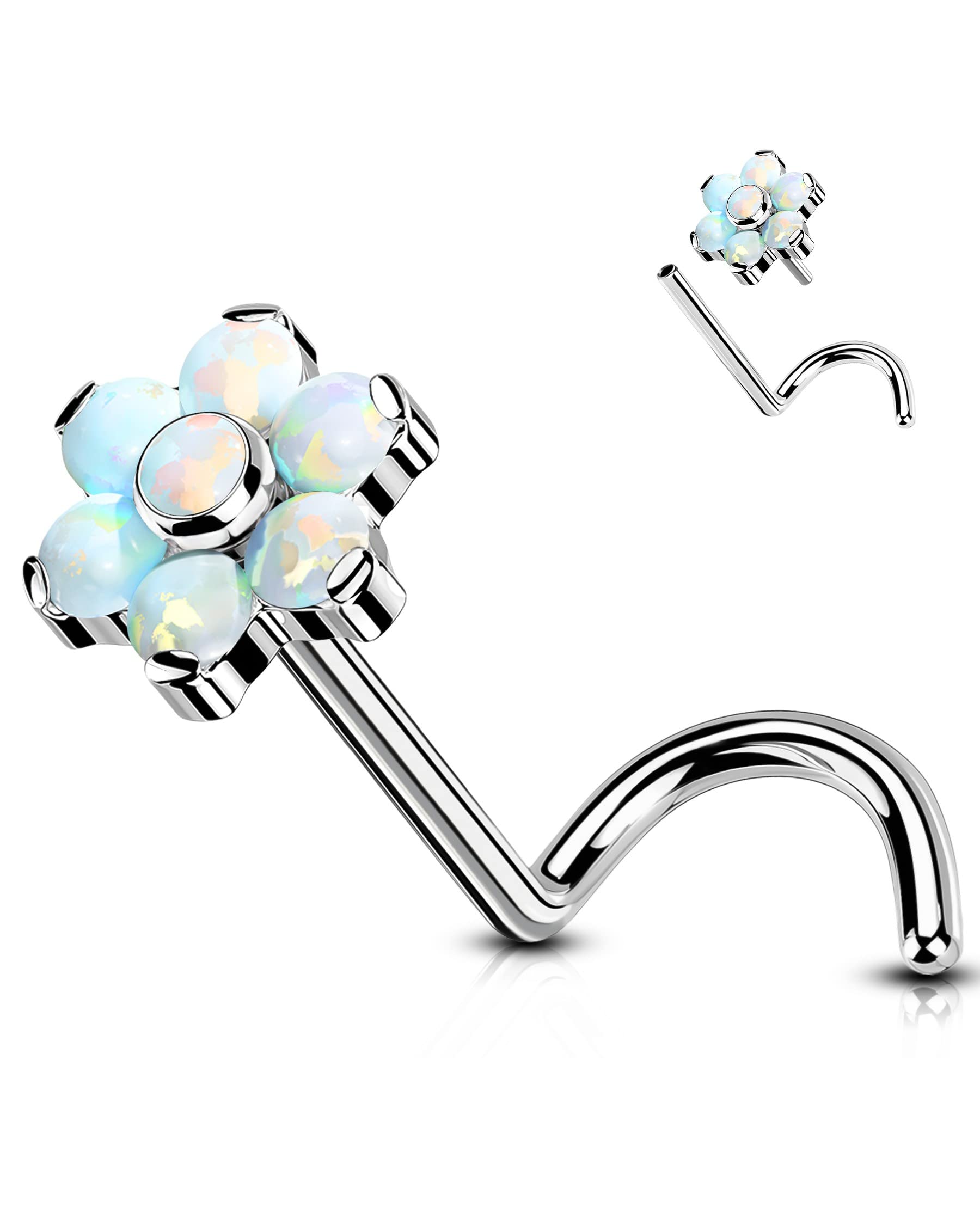 OUFER 20G Nose Studs, Flower Designed White Opal Paved Push-in Nose Rings, G23 Solid Titanium Nose Screw Studs, Nostril Piercing Jewelry for Women and Men