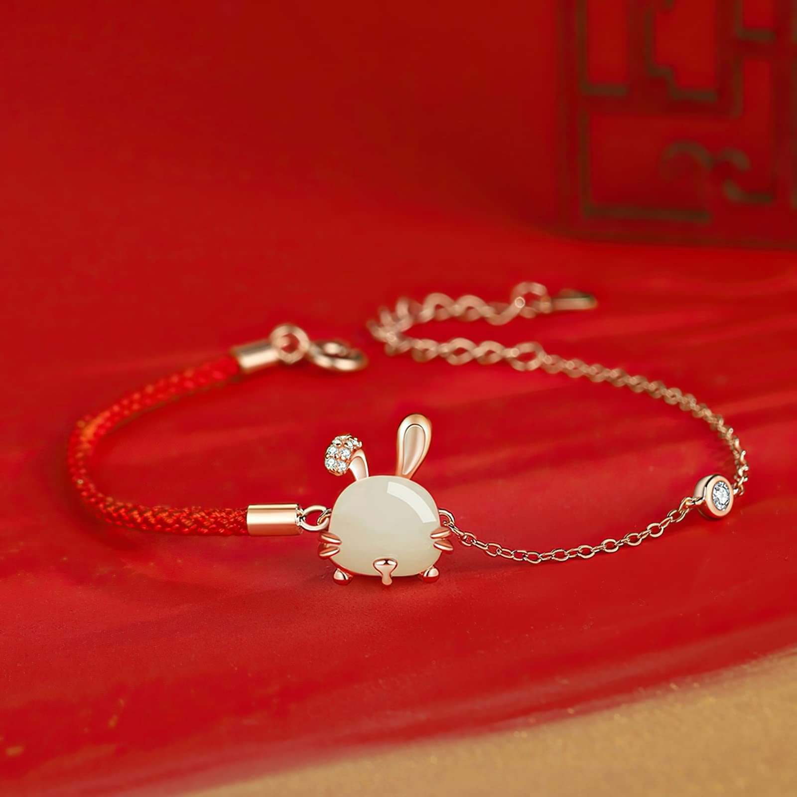 TEMICO 925 Sterling Silver Rabbit Charm Bracelet for Women Adjustable Red String Rope Bracelets Chinese Lunar New Year Birthday Jewelry Gift (Rose Gold-Tone)