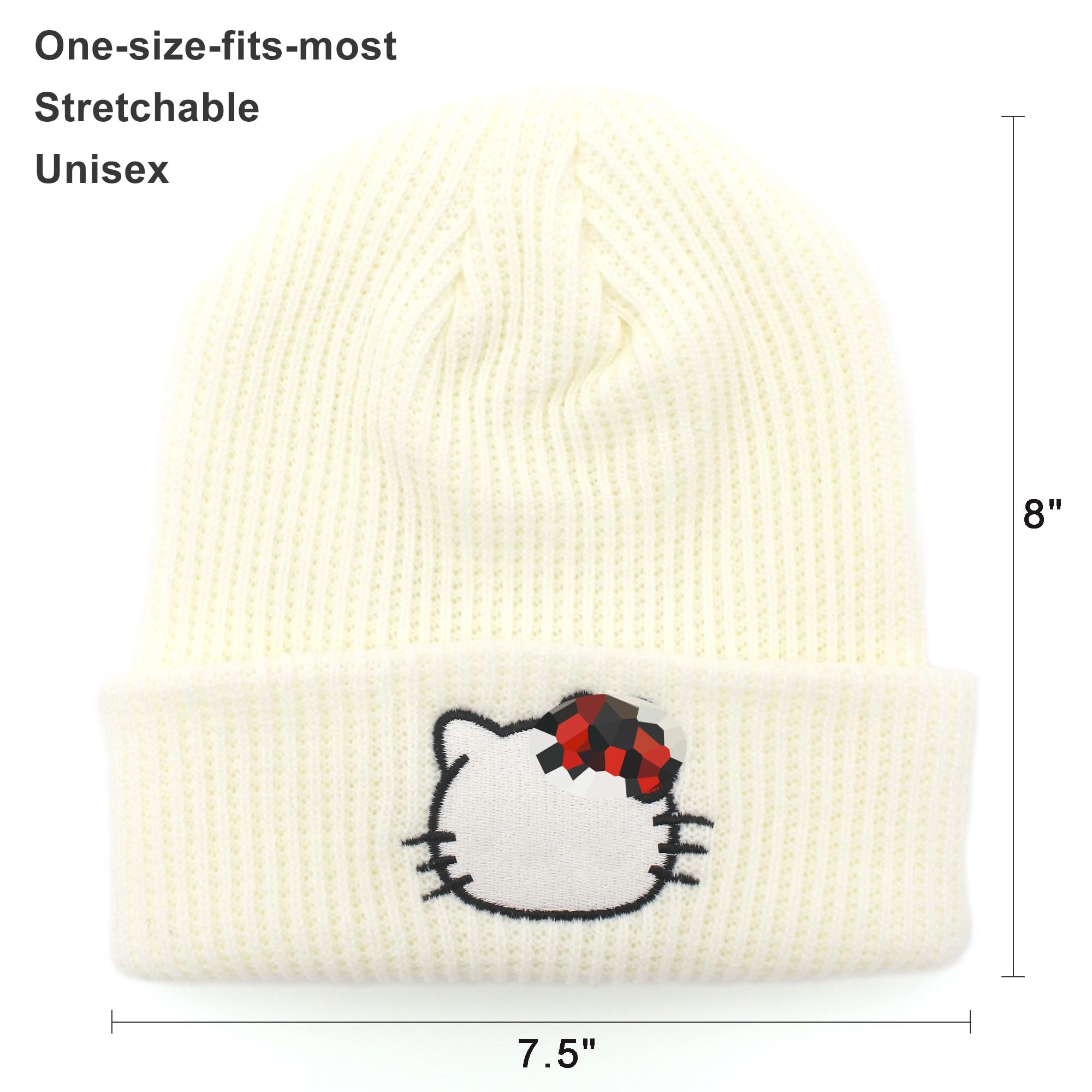 Ohjijinn Anime Beanie Cute Kawaii Beanie Knit Hats, Funny Beanie Hat Winter Skiing Slouchy Warm Cap, Soft Headwear for Women Girls (White)