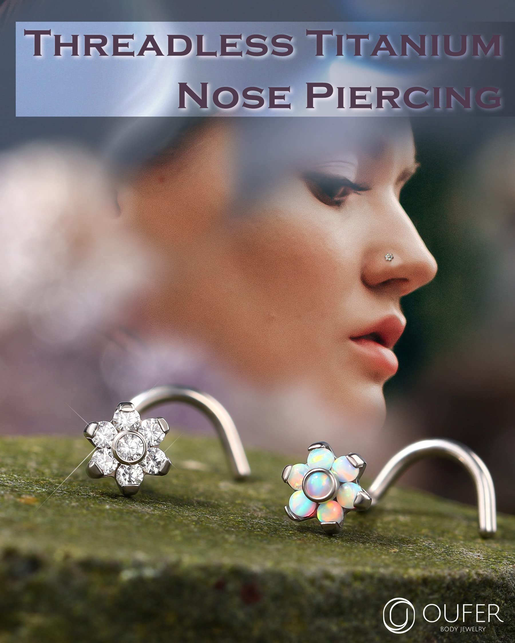 OUFER 20G Nose Studs, Flower Designed White Opal Paved Push-in Nose Rings, G23 Solid Titanium Nose Screw Studs, Nostril Piercing Jewelry for Women and Men