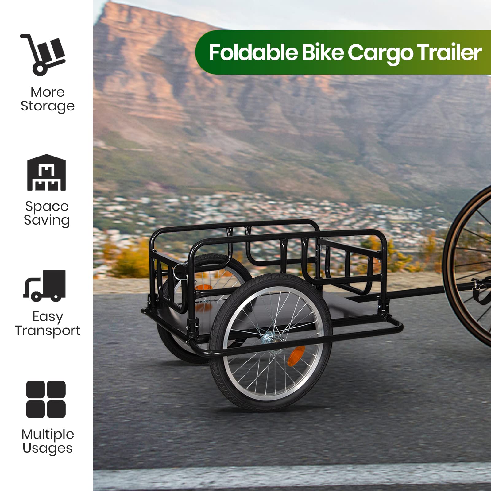 Polar Aurora Bike Cargo Trailer w/Universal Bicycle Coupler, 16'' Wheels, Foldable Bicycle Cart Wagon for Carrying Groceries, Luggage, Tools