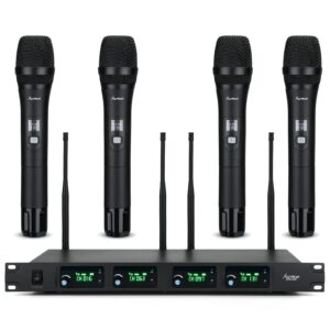 asmuse wireless microphone system,4-channel uhf metal cordless wireless mic, fixed frequency,4 handheld dynamic microphones, microphone for party/wedding/speech/church/stage/karaoke/dj(mf-4400)