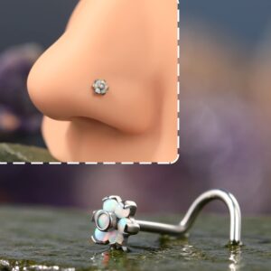 OUFER 20G Nose Studs, Flower Designed White Opal Paved Push-in Nose Rings, G23 Solid Titanium Nose Screw Studs, Nostril Piercing Jewelry for Women and Men