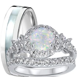 laraso & co his hers wedding set white opal bridal engagement ring set matching titanium sterling silver bands 10/7