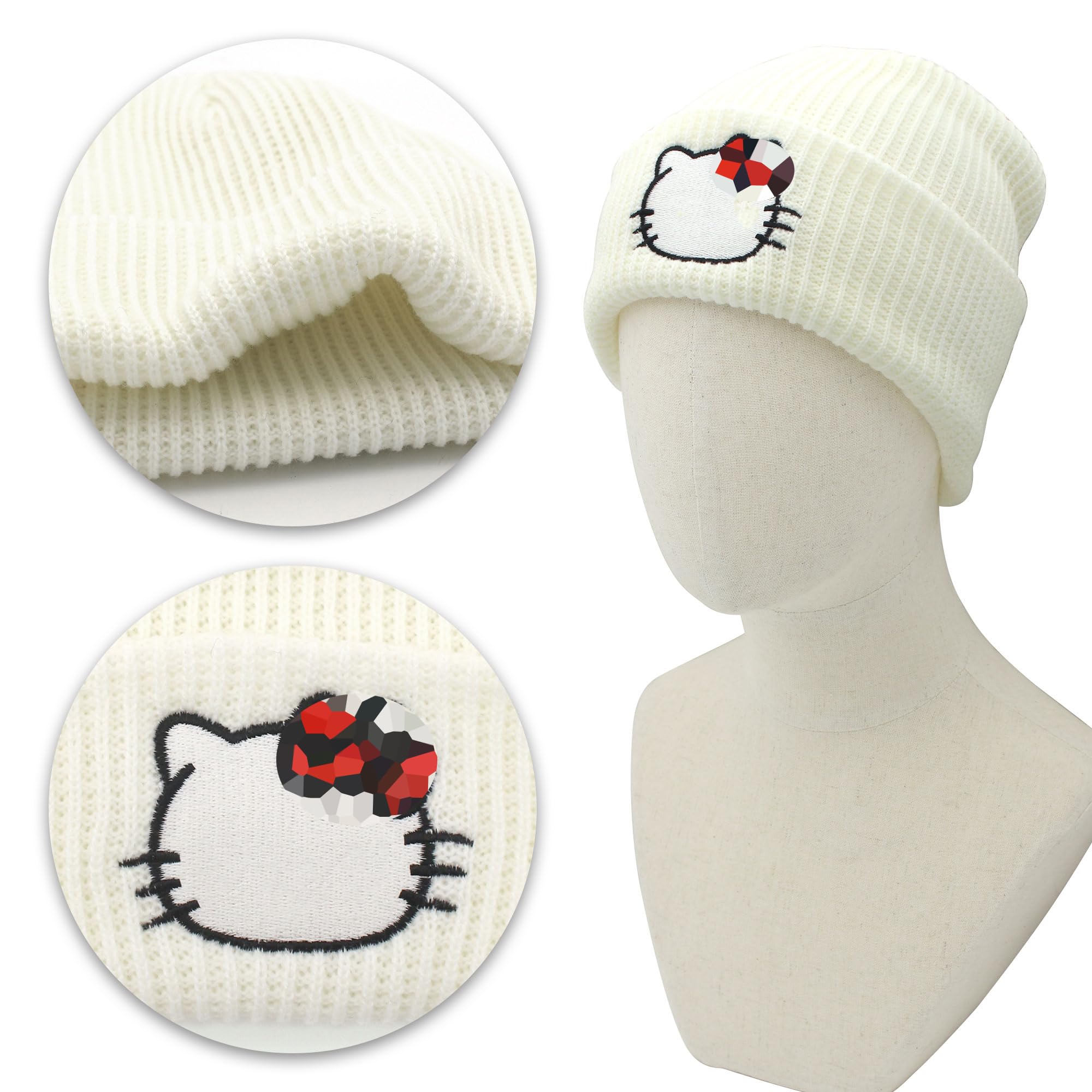 Ohjijinn Anime Beanie Cute Kawaii Beanie Knit Hats, Funny Beanie Hat Winter Skiing Slouchy Warm Cap, Soft Headwear for Women Girls (White)