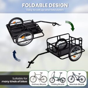 Polar Aurora Bike Cargo Trailer w/Universal Bicycle Coupler, 16'' Wheels, Foldable Bicycle Cart Wagon for Carrying Groceries, Luggage, Tools