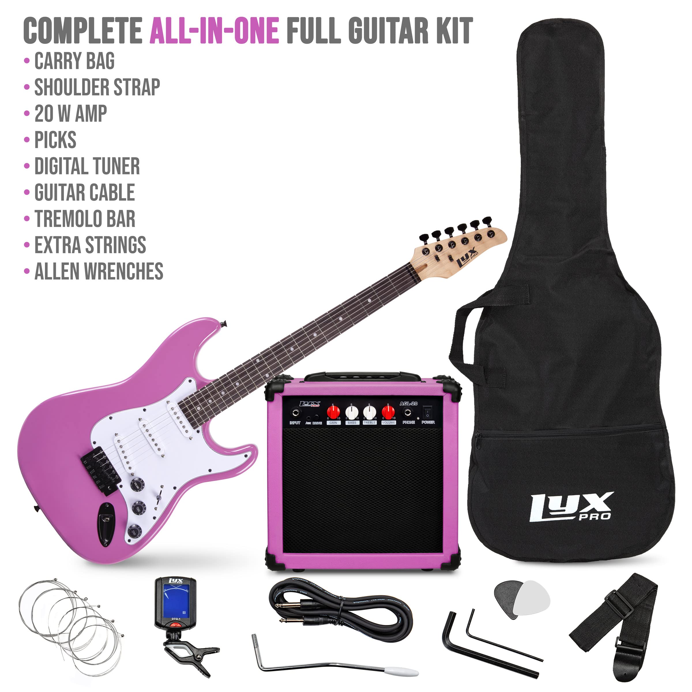 LyxPro 39 inch Electric Guitar Kit Bundle with 20w Amplifier, All Accessories, Digital Clip On Tuner, Six Strings, Two Picks, Tremolo Bar, Shoulder Strap, Case Bag Starter kit Full Size - Retro Purple