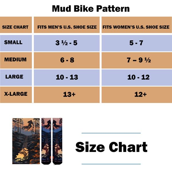 Sierra Socks Mud Bike Pattern CoolMax Socks, Nature Collection for Men & Women Colorful Crew Socks