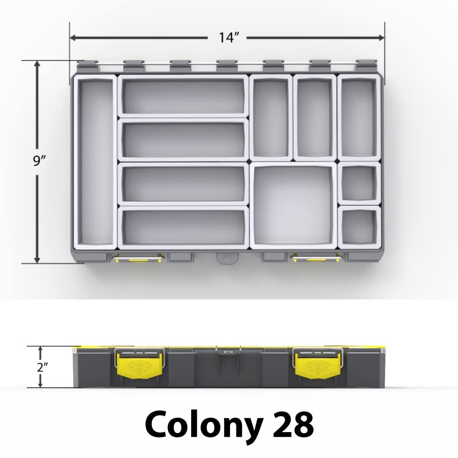 BUZBE Colony 28 Modular, Customizable Waterproof , Dry Box, Plastic Storage Organizer Box, Saltwater Tackle Box, Parts Box, Grey and Yellow