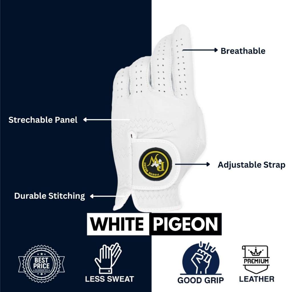 PIGEON WEDGE Leather Golf Glove for Men, Right Handed Golfers, White, Comfortable Design, Maximum Grip, All Weather Golfing Glove, Worn On Left Hand, Breathable, Durable, Gift for Golfers