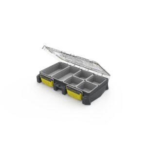 buzbe colony 8t (thin) modular tackle box, customizable waterproof tackle box, plastic organizer box, fishing tackle storage, small parts box, terminal tackle storage, grey and yellow